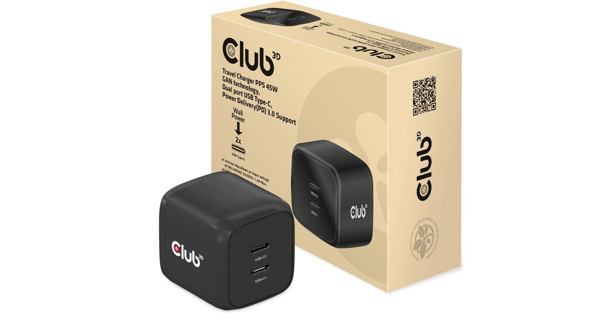 Club 3D Travel Charger PPS 45W GAN technology Zwart